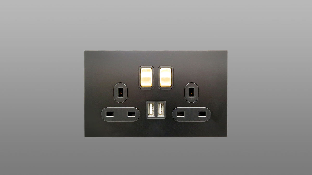 Screwless Matt Black Plate Gold Switched Double Plug Socket 2 Gang 13 ...