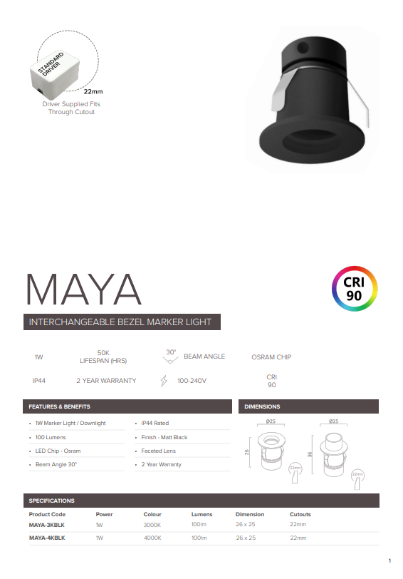 1W Maya Marker Light LED Marker, Plinth, Cabinet, Step Light - Black ...